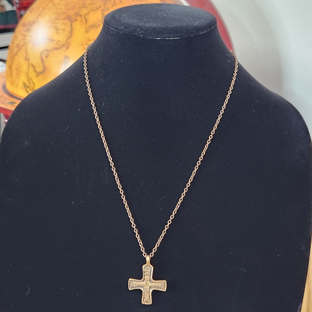 Vintage 70s Danish Bronze Viking Cross Necklace - Gem